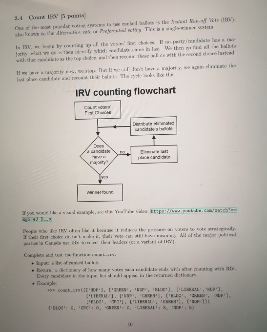 3.4 Count IRV (5 points] One of the most popular | Chegg.com