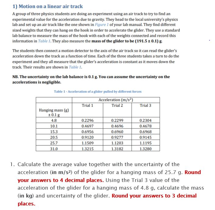 Solved 1) Motion on a linear air track A group of three | Chegg.com