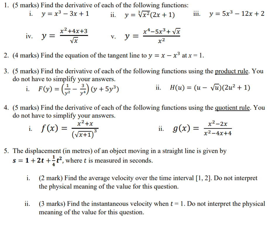 Solved 1. (5 marks) Find the derivative of each of the | Chegg.com