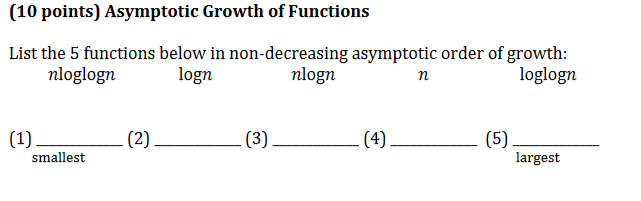 Solved (10 points) Asymptotic Growth of Functions List the 5 | Chegg.com