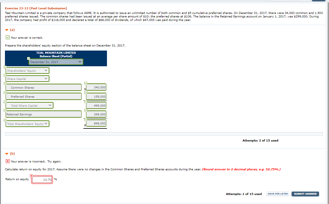 Solved Exercise 13-12 (Part Level Submission) Teal Mountain | Chegg.com