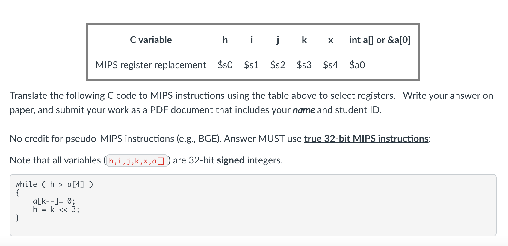 Solved C variable h i j k х int a[] or &a[0] MIPS register | Chegg.com