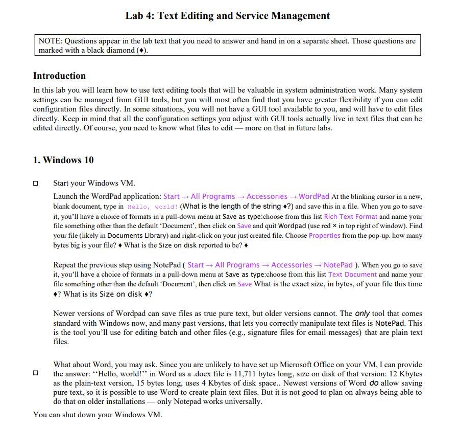 Lab 4: Text Editing and Service Management NOTE: | Chegg.com