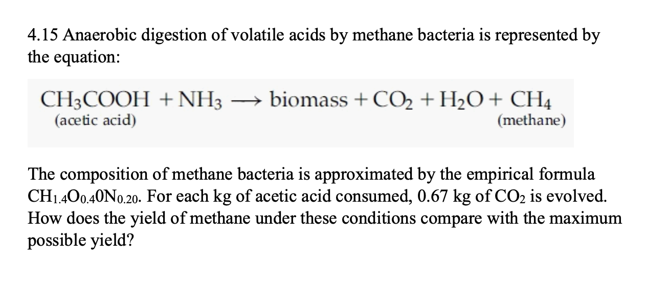 Solved 4.15 Anaerobic digestion of volatile acids by methane | Chegg.com