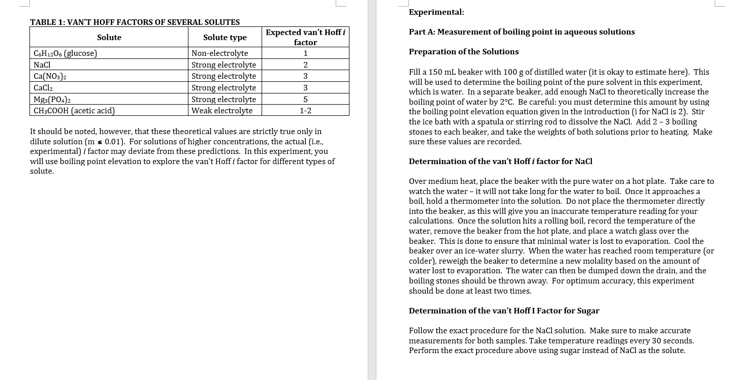 Solved Experimental: TABLE 1: VAN'T HOFF FACTORS OF SEVERAL | Chegg.com