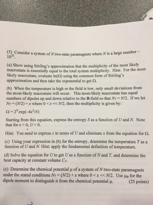 Solved (5) Consider a system of N two-state paramagnets | Chegg.com