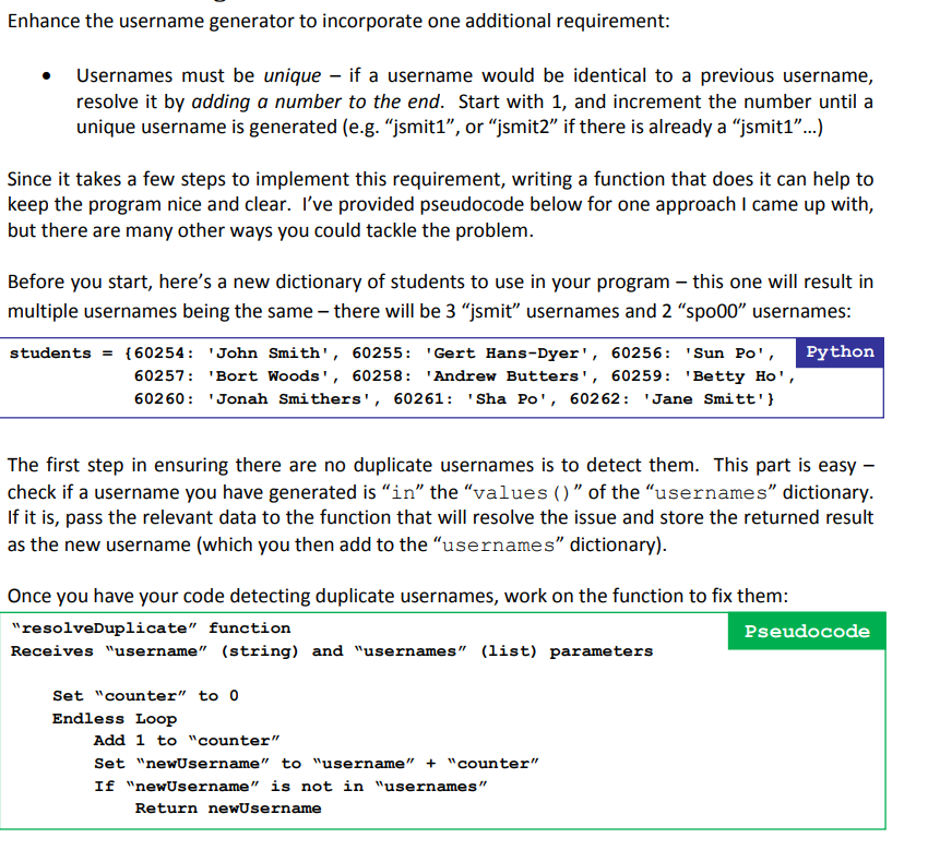 Solved Enhance the username generator to incorporate one | Chegg.com