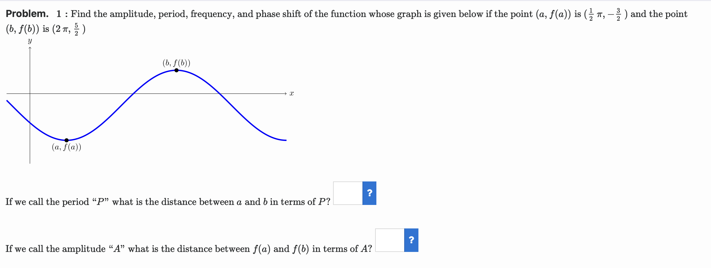 Solved Problem. 1: Find the amplitude, period, frequency, | Chegg.com