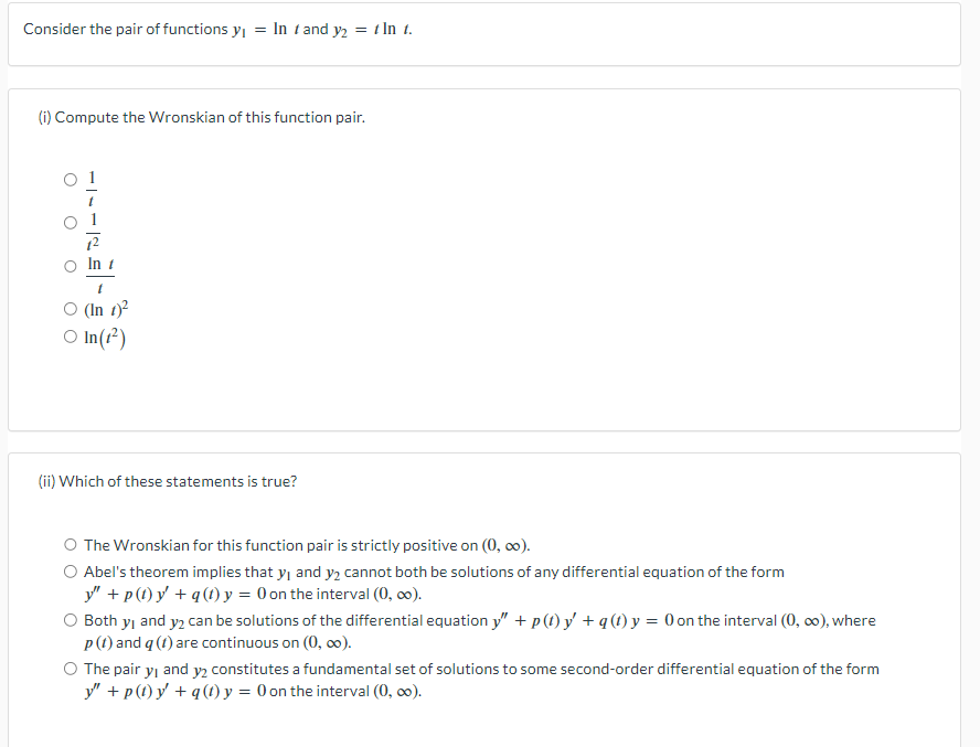 Solved Consider the pair of functions y1=lnt ﻿and | Chegg.com