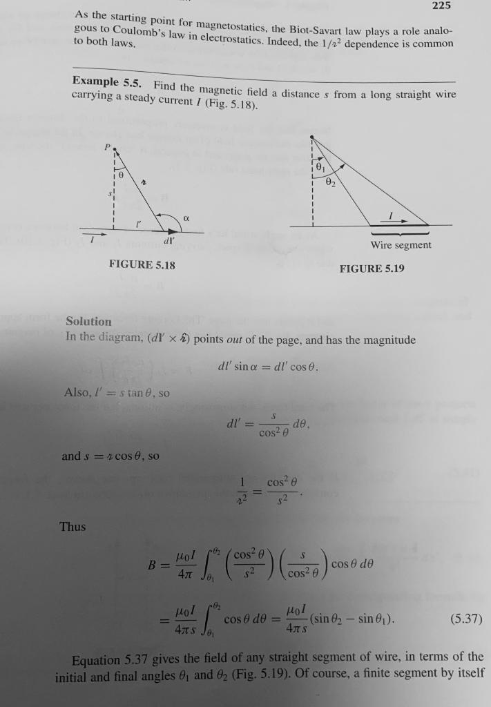 Solved 22, For a finite segment of straight wire carrying | Chegg.com