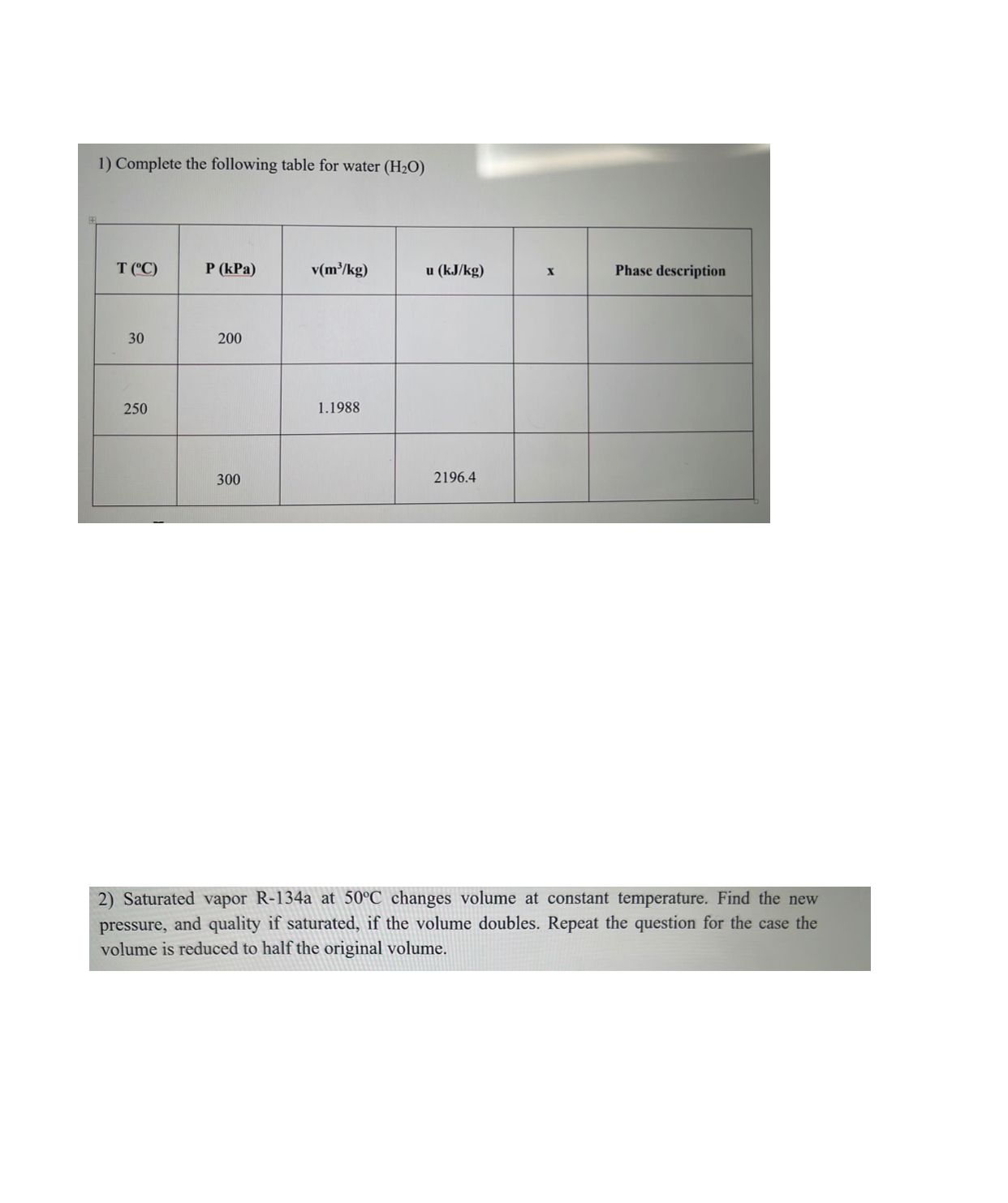 Solved 1) Complete the following table for water (H2O) 2) | Chegg.com