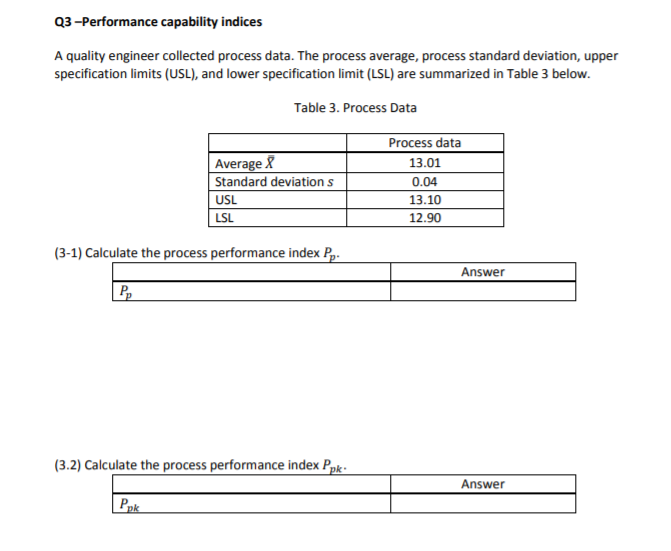 Solved Q3-Performance capability indices A quality engineer | Chegg.com