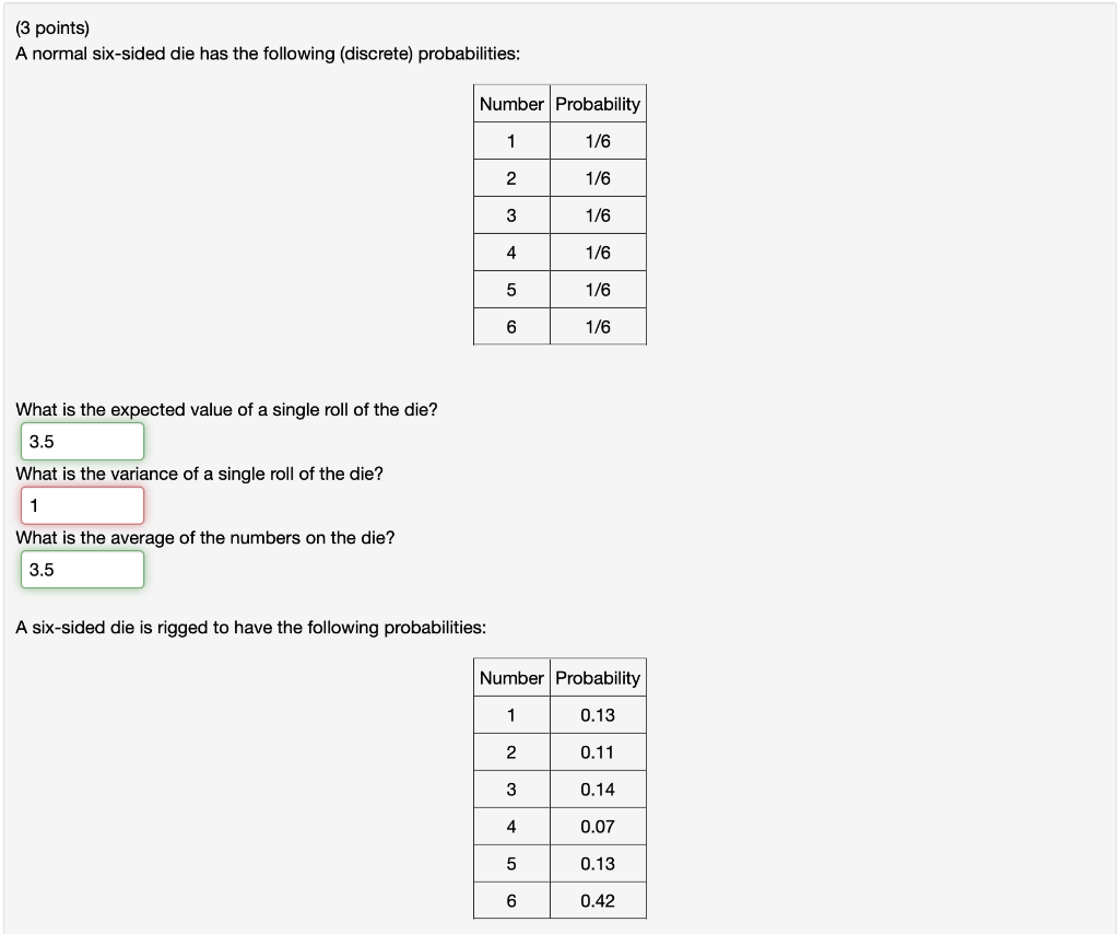 Solved (3 points) A normal six-sided die has the following | Chegg.com