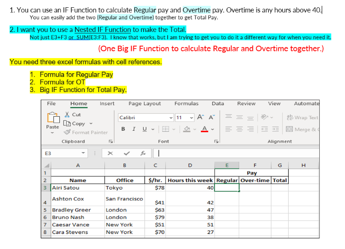 Solved What are the 3 excel formulas? Note: OT is time and | Chegg.com