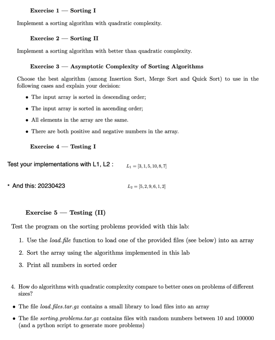 Exercise 1 - Sorting I Implement a sorting algorithm | Chegg.com