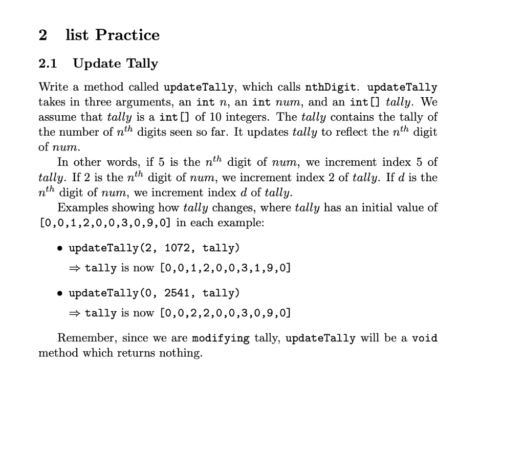 Solved 2 list Practice 2.1 Update Tally Write a method | Chegg.com