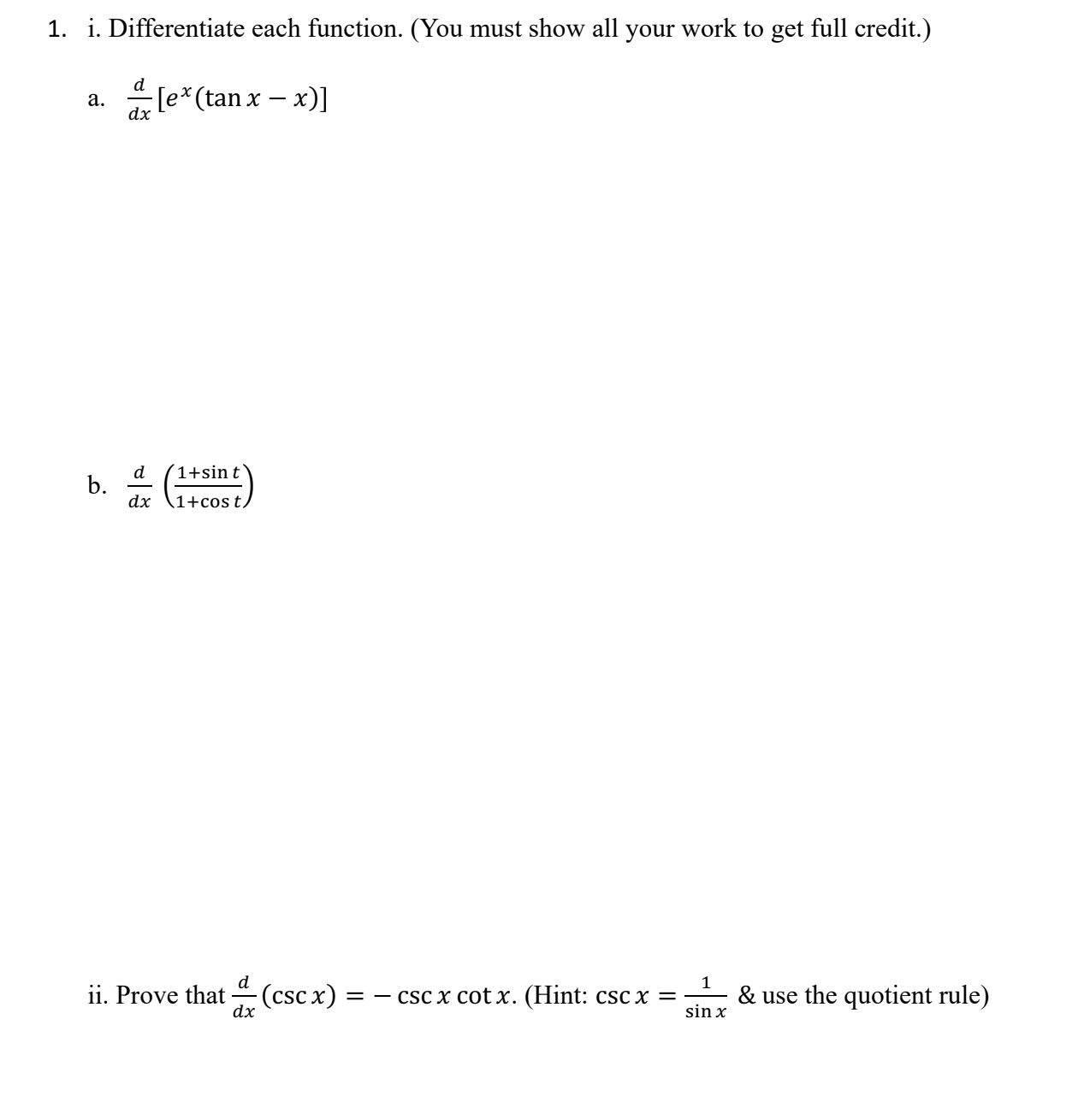 Solved 1. i. Differentiate each function. (You must show all | Chegg.com