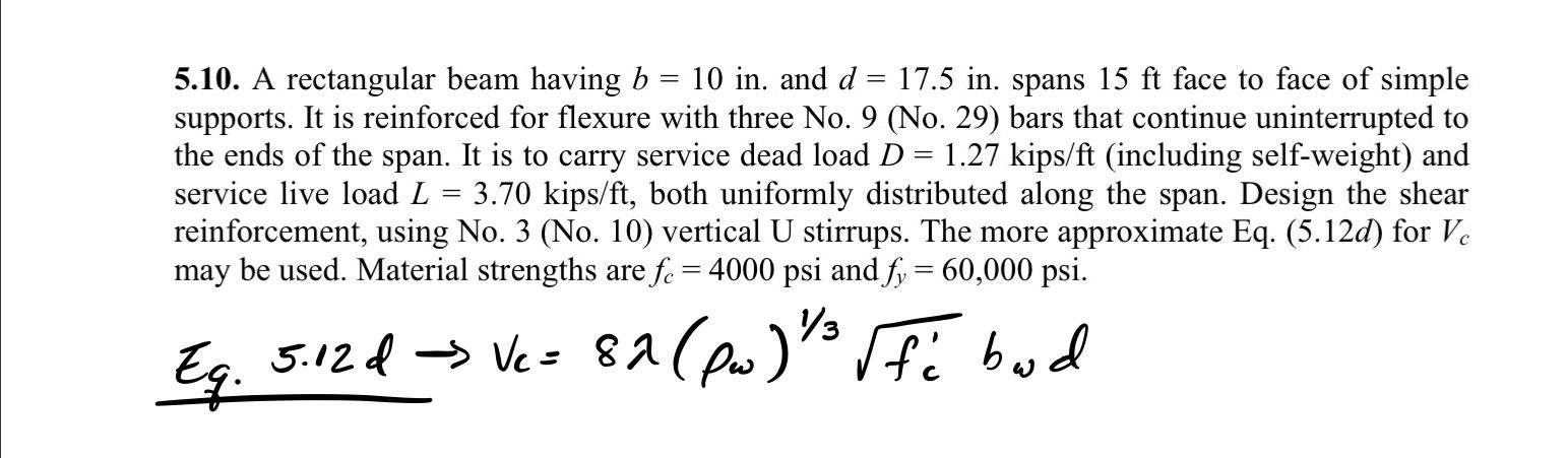 Solved 5.10. A rectangular beam having b 10 in. and d = 17.5 | Chegg.com