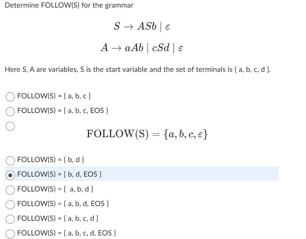 Solved Determine FOLLOW(S) for the grammar | Chegg.com
