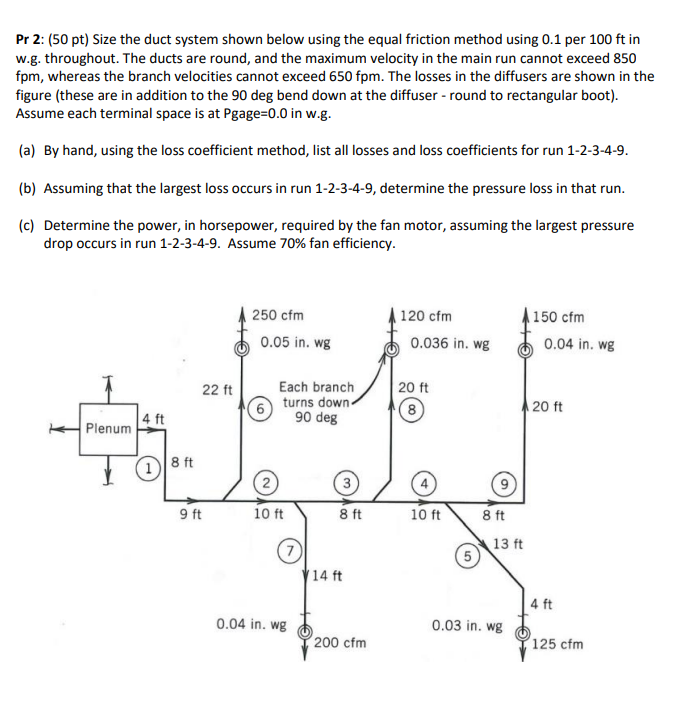 [Solved]: Pr 2: (50 pt) Size the duct system shown below u