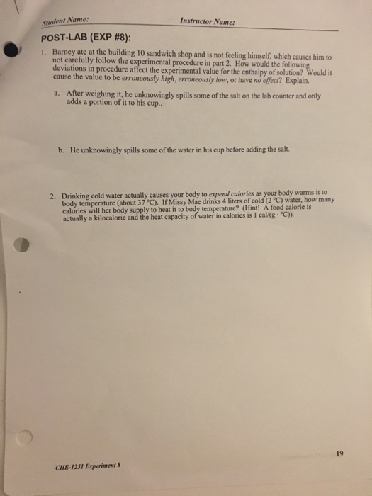 Solved Instructor Name: Student Name POST-LAB (EXP #8): | Chegg.com