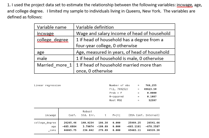 Solved 1. I used the project data set to estimate the | Chegg.com