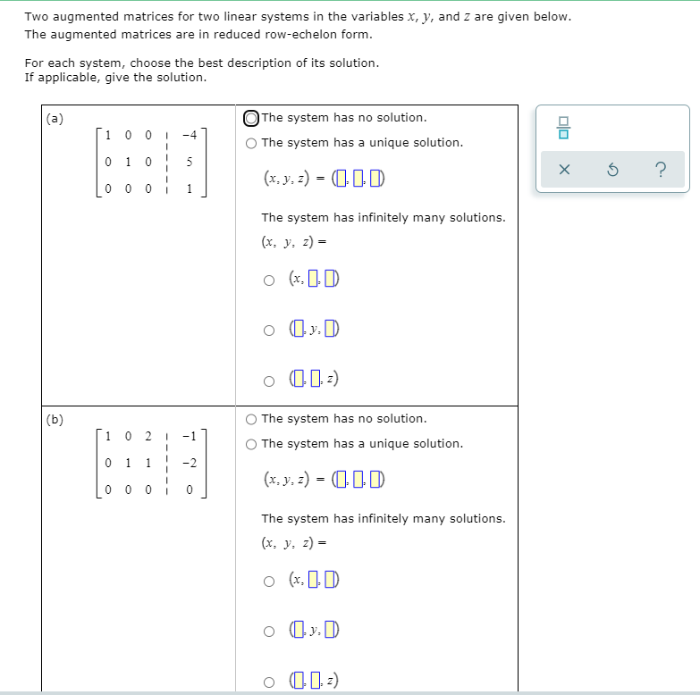 Solved Two augmented matrices for two linear systems in the | Chegg.com