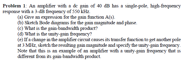 Solved Problem 1: An amplifier with a dc gain of 40 dB has a | Chegg.com
