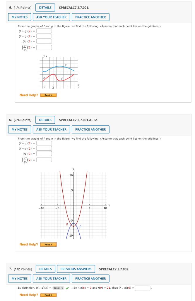 Solved [-/4 Points] SPRECALC7 2.7.001. From the graphs of f | Chegg.com