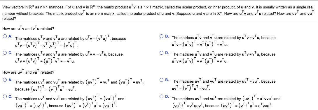 Solved View vectors in R" as nx1 matrices. For u and v in | Chegg.com