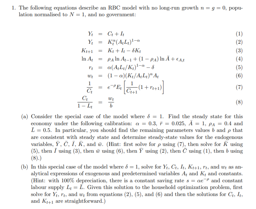 1. The following equations describe an RBC model with | Chegg.com