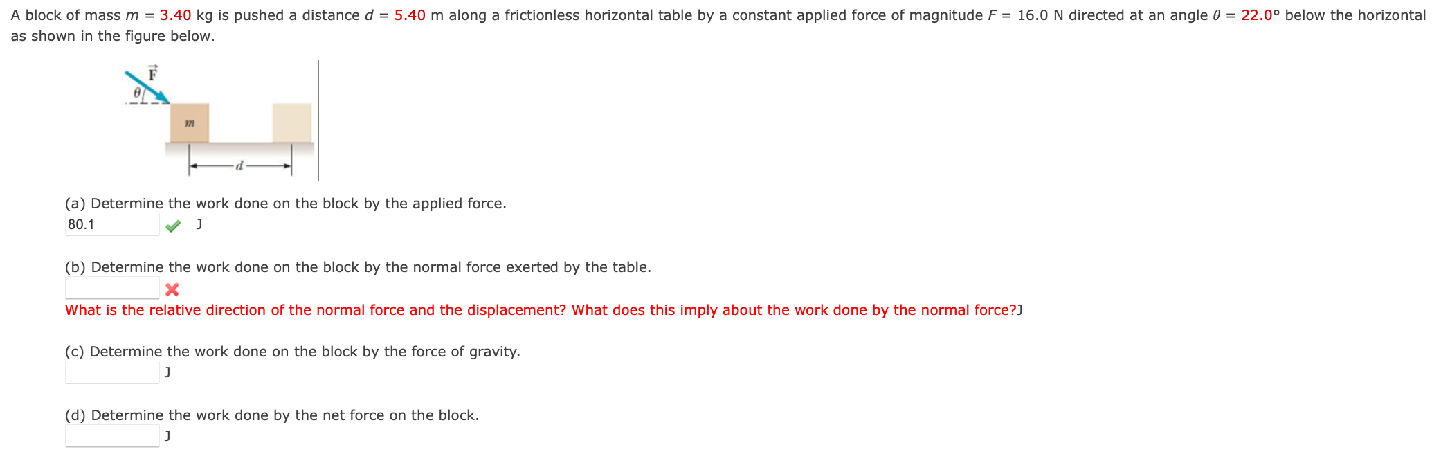 Solved A block of mass m = 3.40 kg is pushed a distance d = | Chegg.com