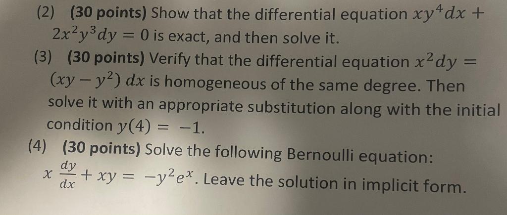 Solved (2) (30 points) Show that the differential equation | Chegg.com