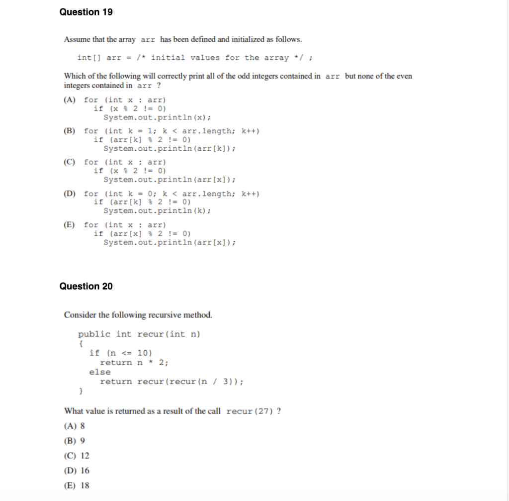 AP CSA Multiple Choice questions: | Chegg.com