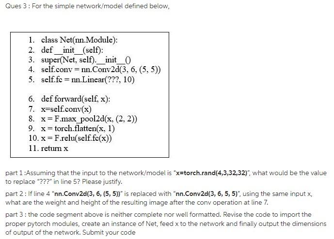 Solved Ques 3: For the simple network/model defined below, | Chegg.com
