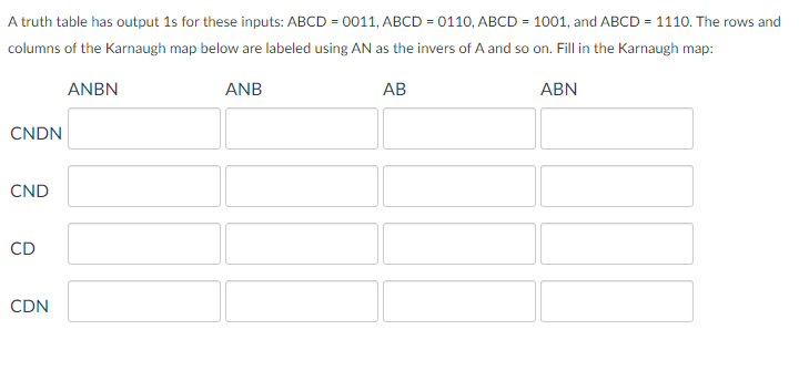 Solved A truth table has output 1s for these inputs: ABCD = | Chegg.com