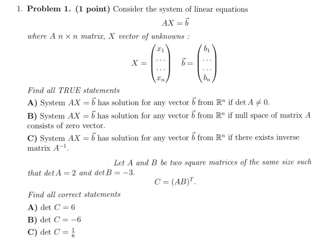 Solved 1 Problem 1 1 Point Consider The System Of Linear 4872