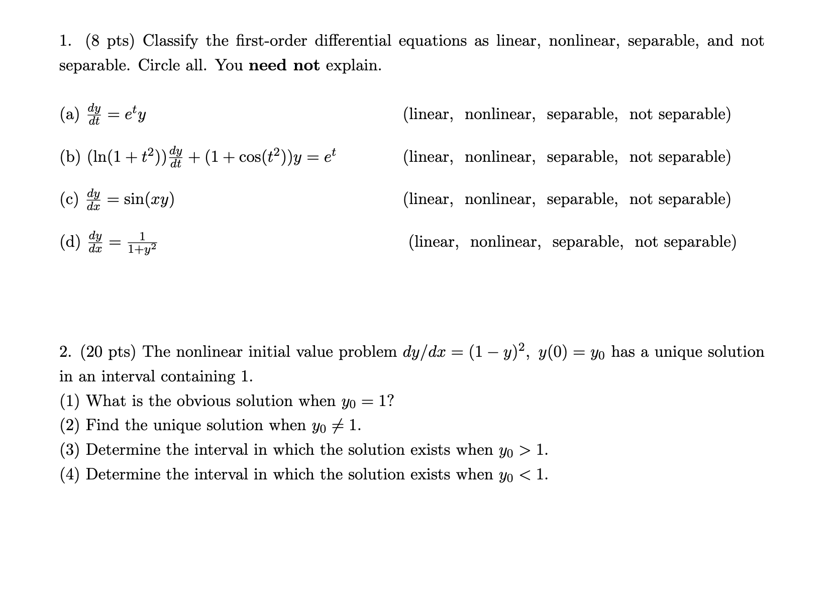 Solved (8 ﻿pts) ﻿Classify the first-order differential | Chegg.com