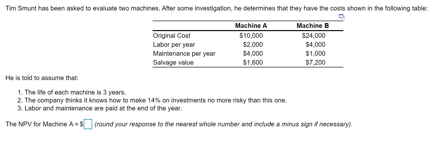Solved Tim Smunt has been asked to evaluate two machines. | Chegg.com