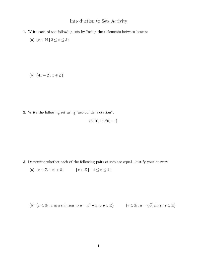 Solved Introduction to Sets Activity 1. Write each of the | Chegg.com