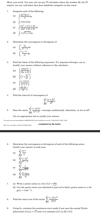 Solved Show your work. You may not use any TI calculator | Chegg.com