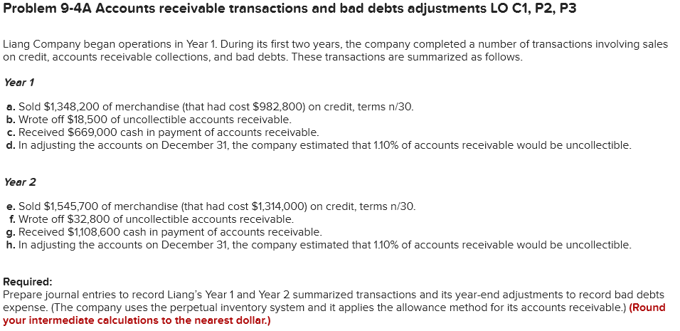 Solved Problem 9-4A Accounts receivable transactions and bad | Chegg.com