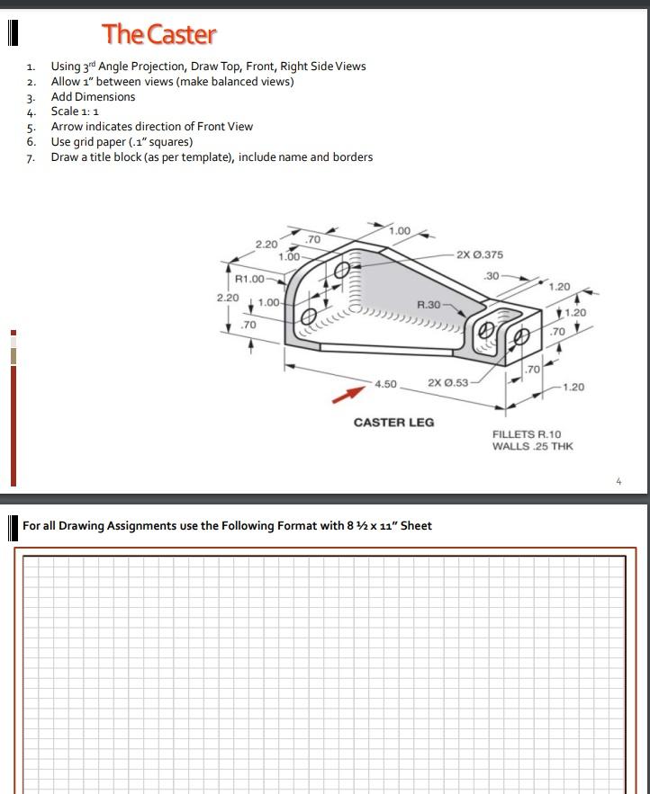 Solved 1. The Caster Using 3" Angle Projection, Draw Top, | Chegg.com
