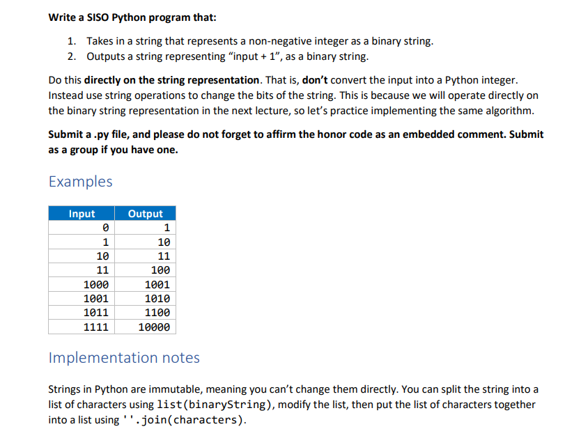 Solved Write a SISO Python program that: 1. Takes in a | Chegg.com