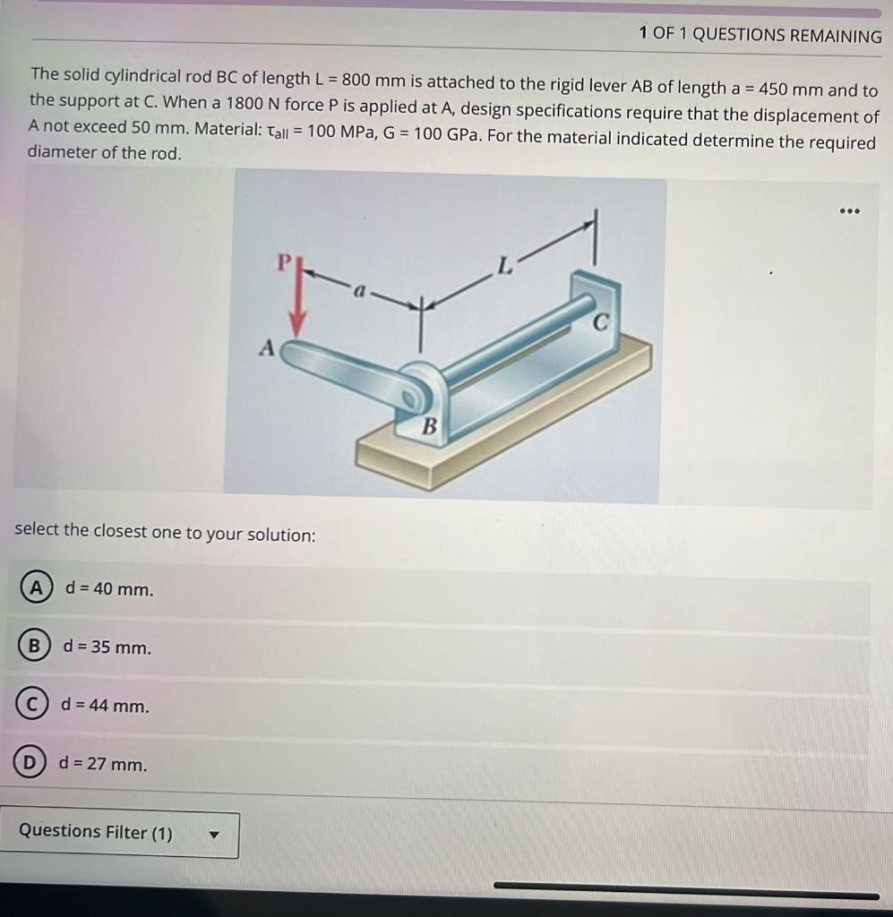 Solved The solid cylindrical rod BC of length L=800 mm is | Chegg.com