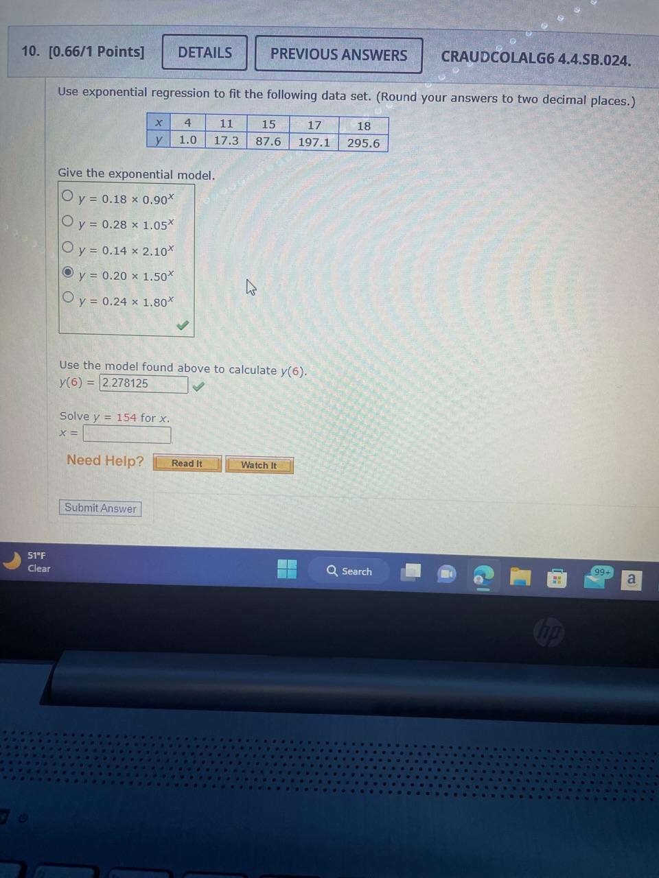 Solved Use exponential regression to fit the following data | Chegg.com