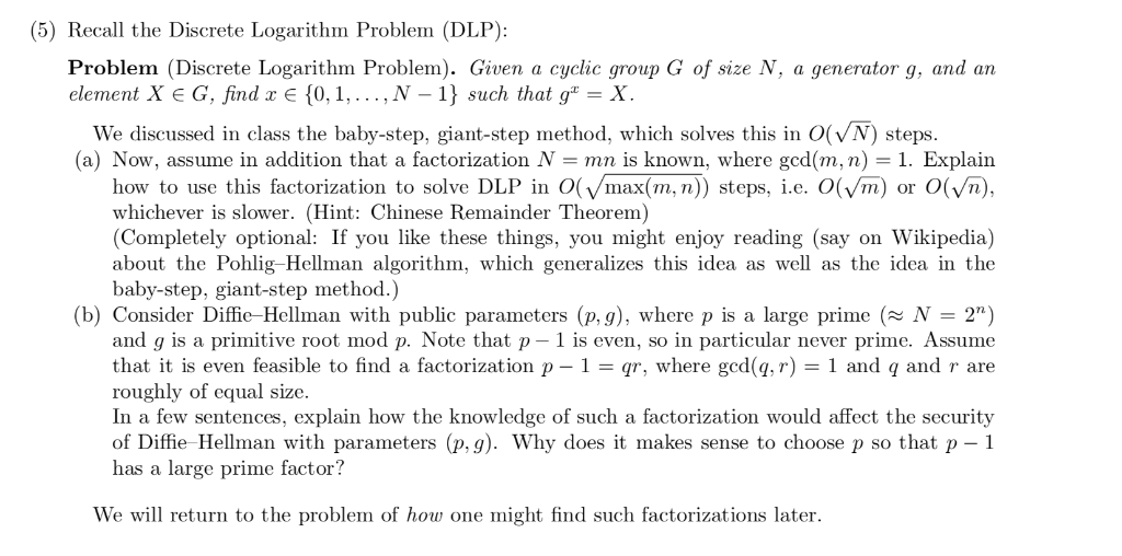 (5) Recall the Discrete Logarithm Problem (DLP): | Chegg.com