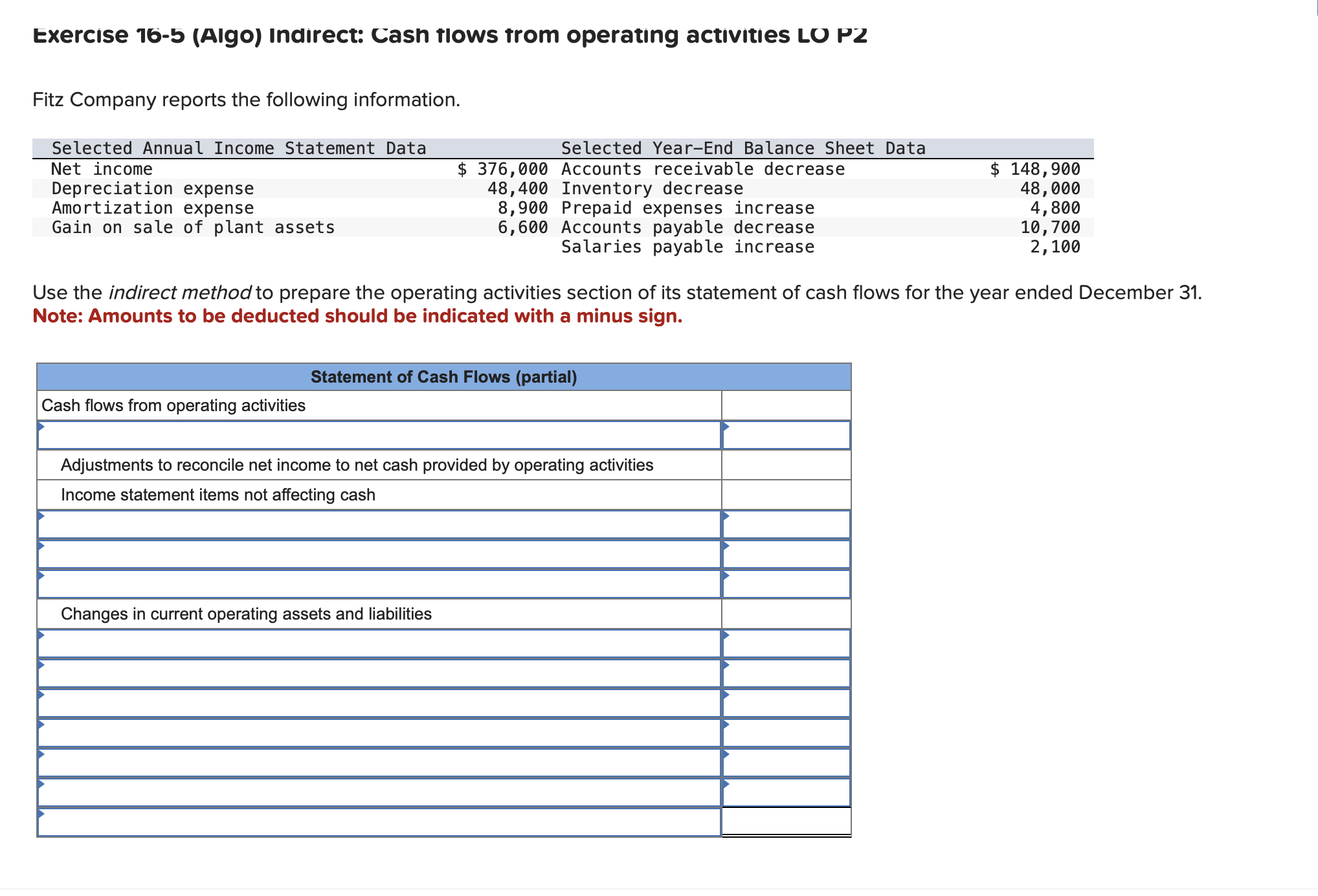 Solved Exercise 16-5 (Algo) Indirect: Cash flows trom | Chegg.com