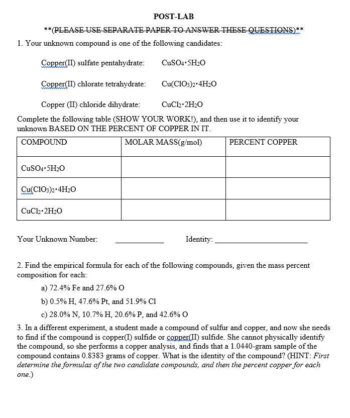 Solved Post Lab Please Use Separate Paper To Answer These