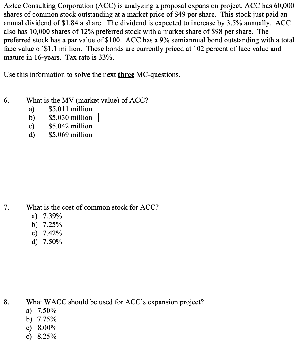 Solved Aztec Consulting Corporation (ACC) is analyzing a | Chegg.com